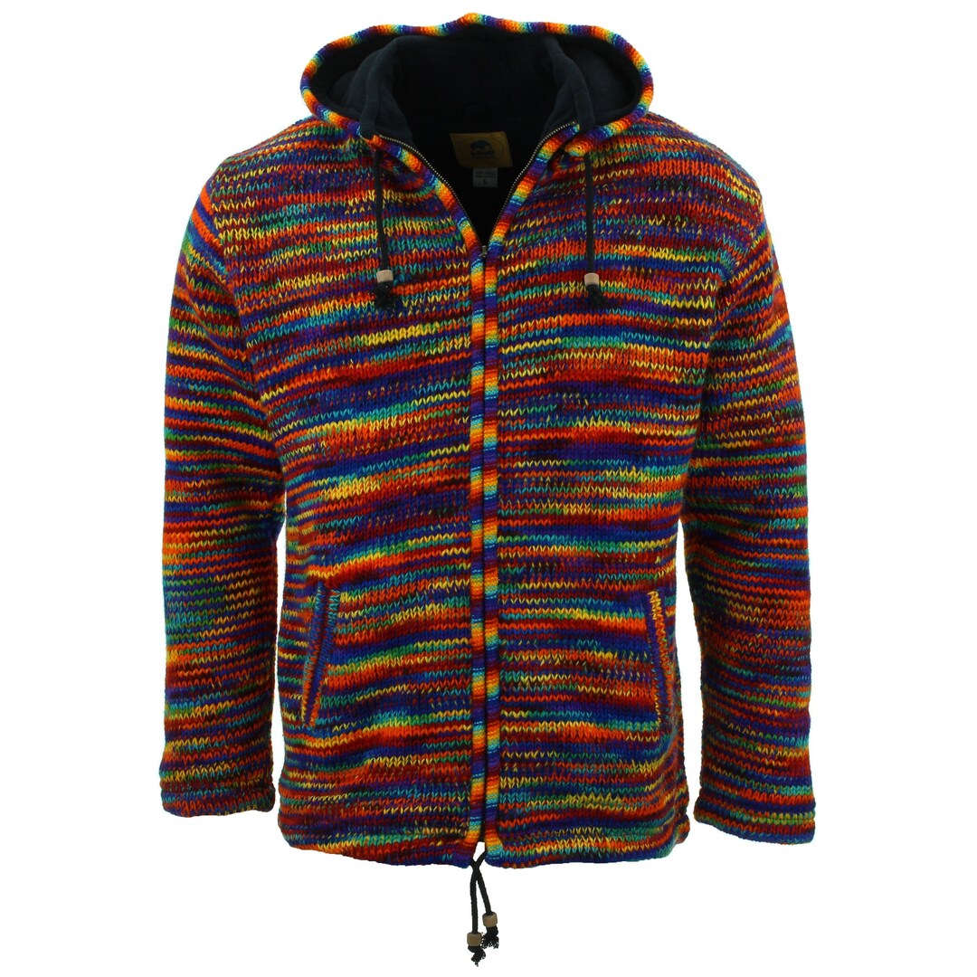 Hand Knitted Wool Jacket Cardigan Hoodie Space Dye Rainbow Nepal Warm ...