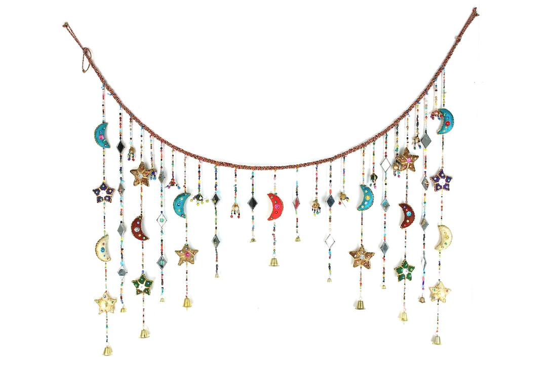 Handmade Rajasthani Strings Beaded Mirrored Hanging Decorations Moon ...