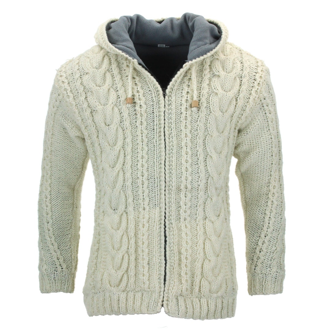Hand Knitted Wool Cable Knit Cardigan Cream Chunky Knit Hooded Jacket ...