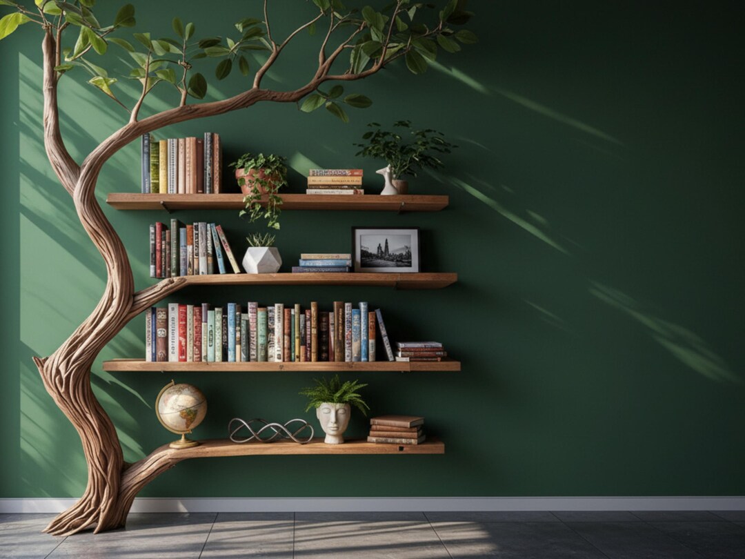 Tree Bookshelf | Solid Wood Tree Bookcase With Faux Leaves | Wall ...