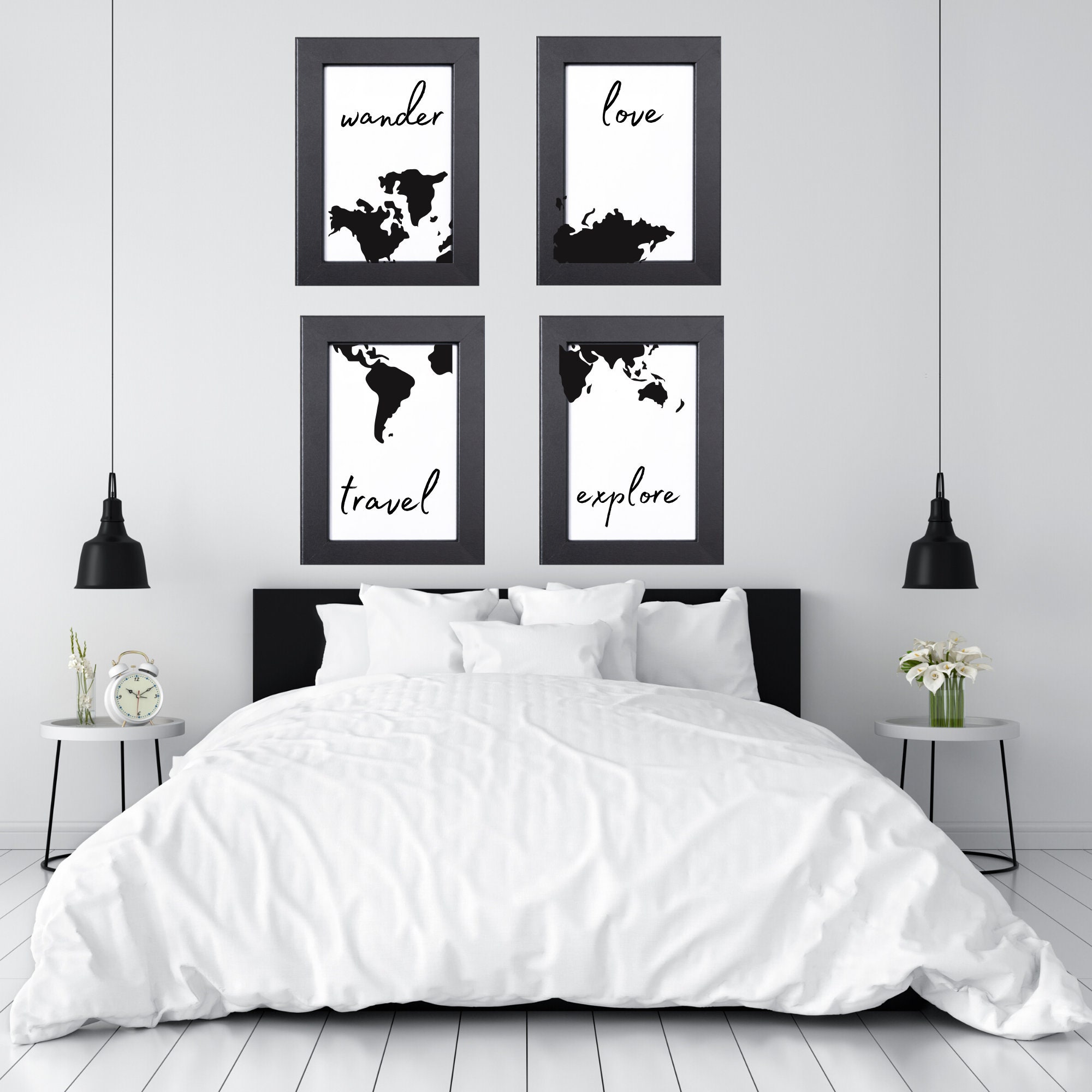 World Map Digital Art Print | Four Frames Printable World Map | Black ...