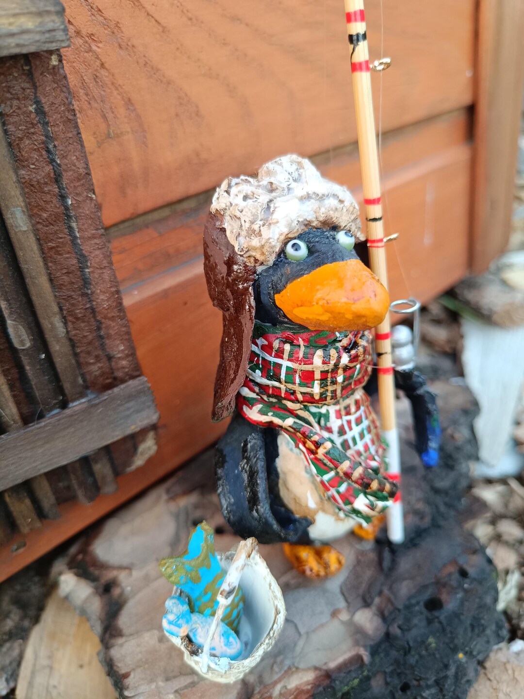 Handmade Spun Cotton Wool Penguin Figurine With Fishing Rod and Fish - Etsy