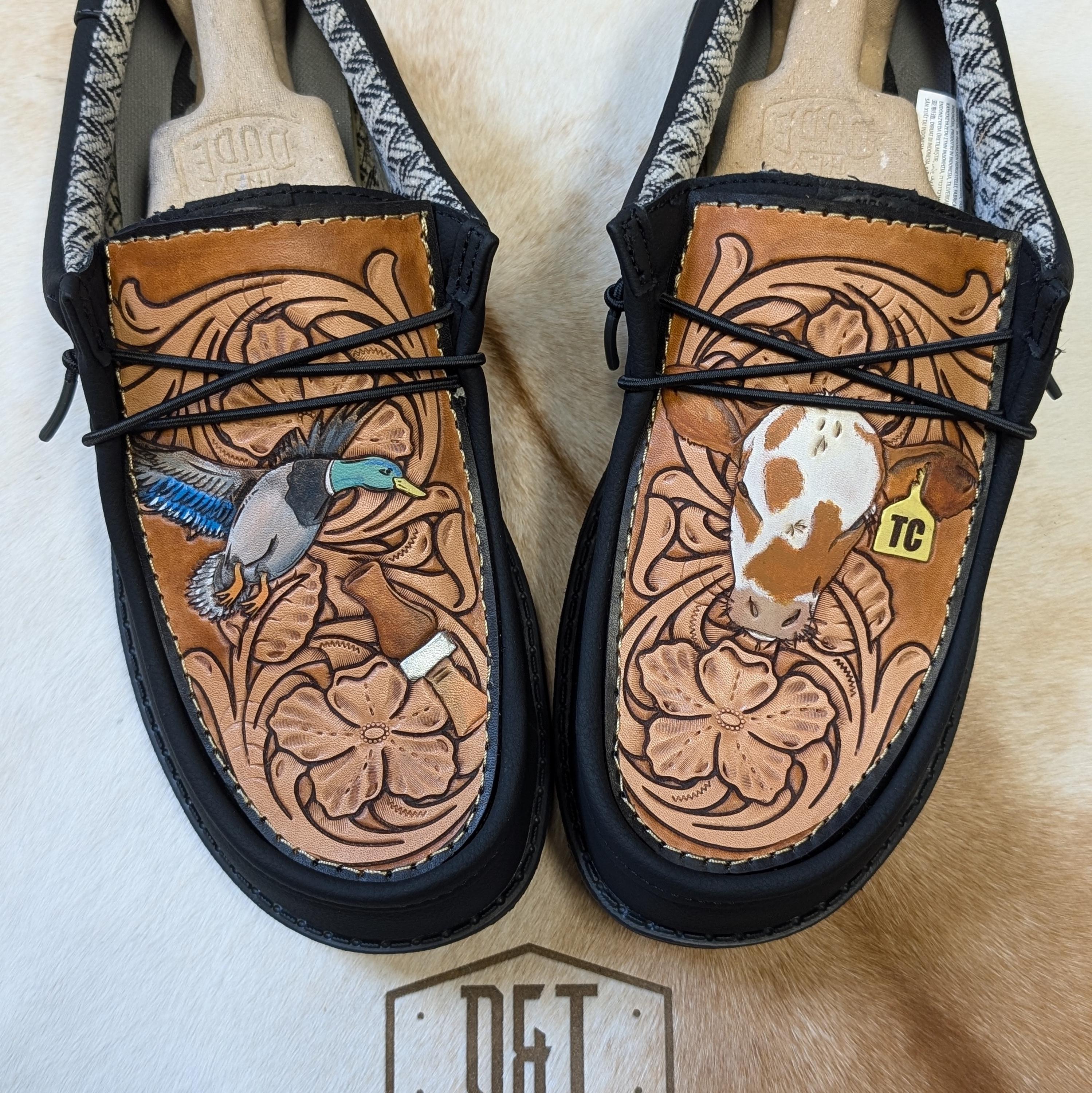 Duck Hunting Cattle Leather Tooled Hey Dude Shoes: Custom Western Shoes ...