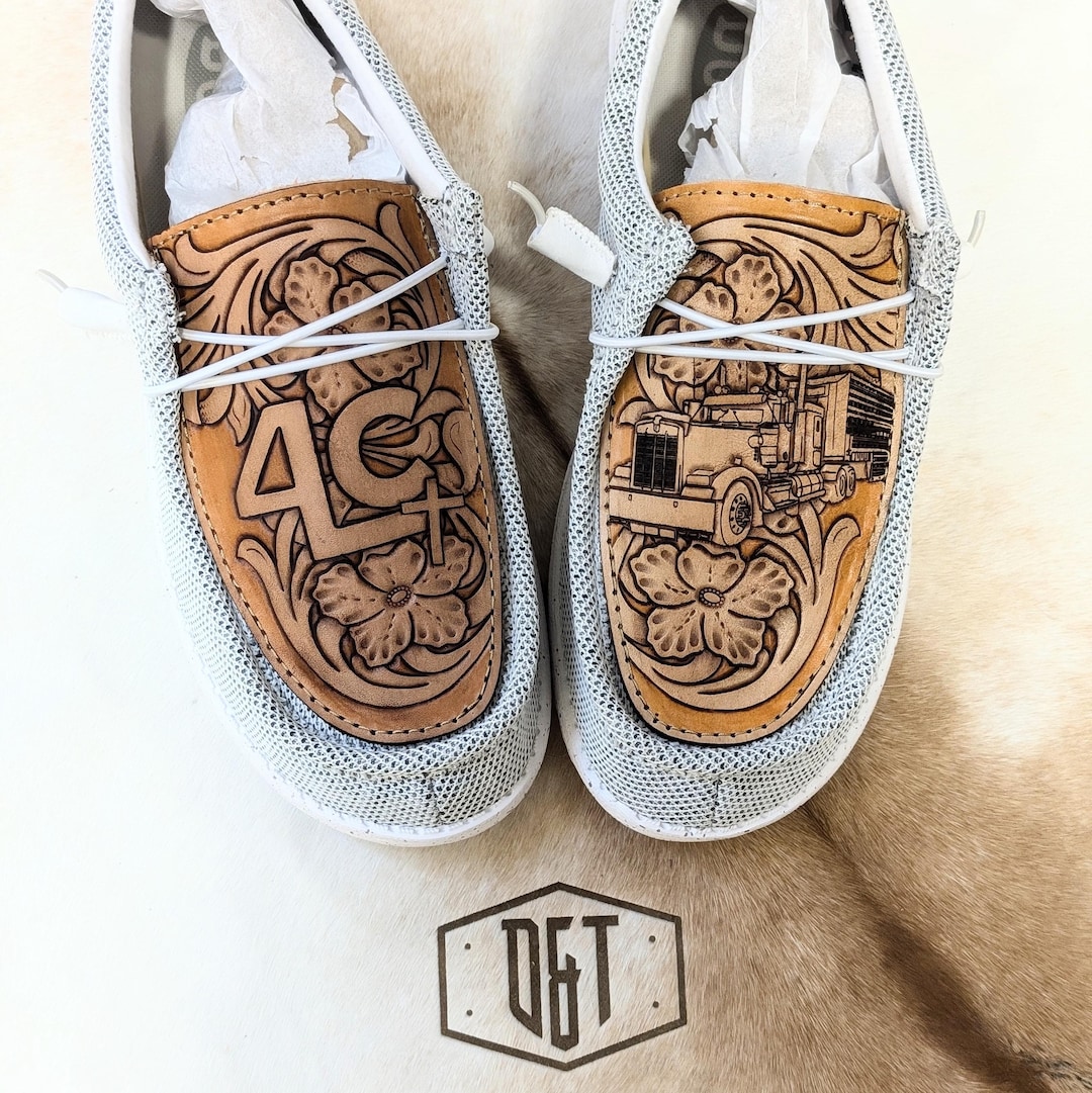 Custom Leather Tooled Hey Dude Shoes: Western Trucking Business ...