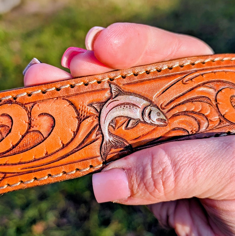 Custom Tooled Leather Belt: Personalized Western Fishing Sunflower ...