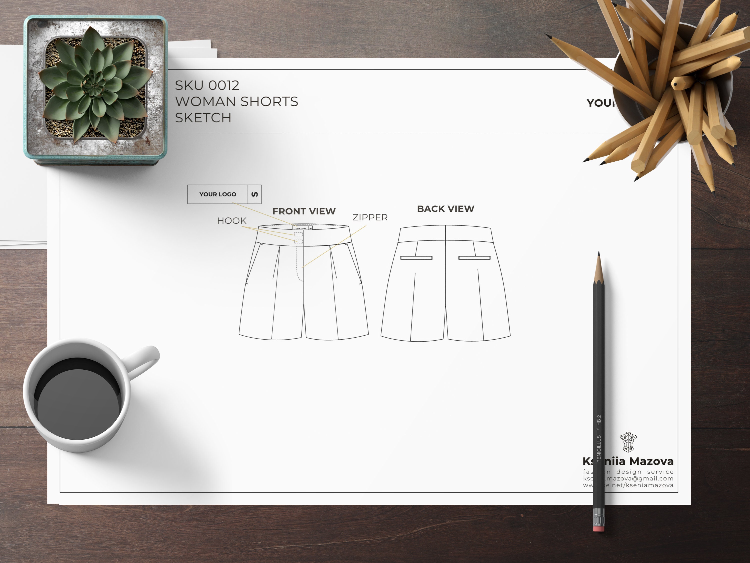 Woman Shorts Vector Fashion Flat Sketch, Adobe Illustrator Design, Tech ...