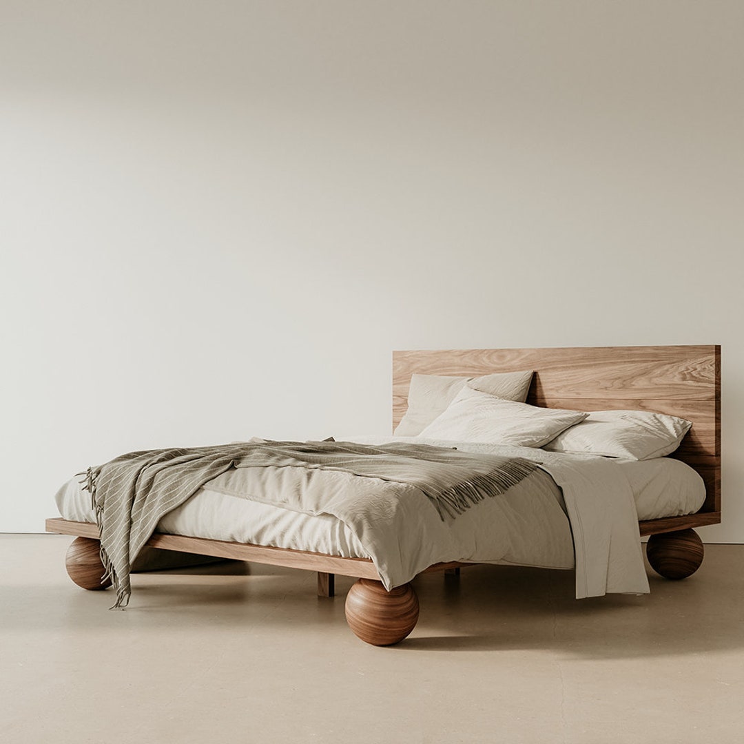 LEMI Bed, Wooden Bed Frame, Bed With Balls, Solid Wood, Walnut, Low Bed ...