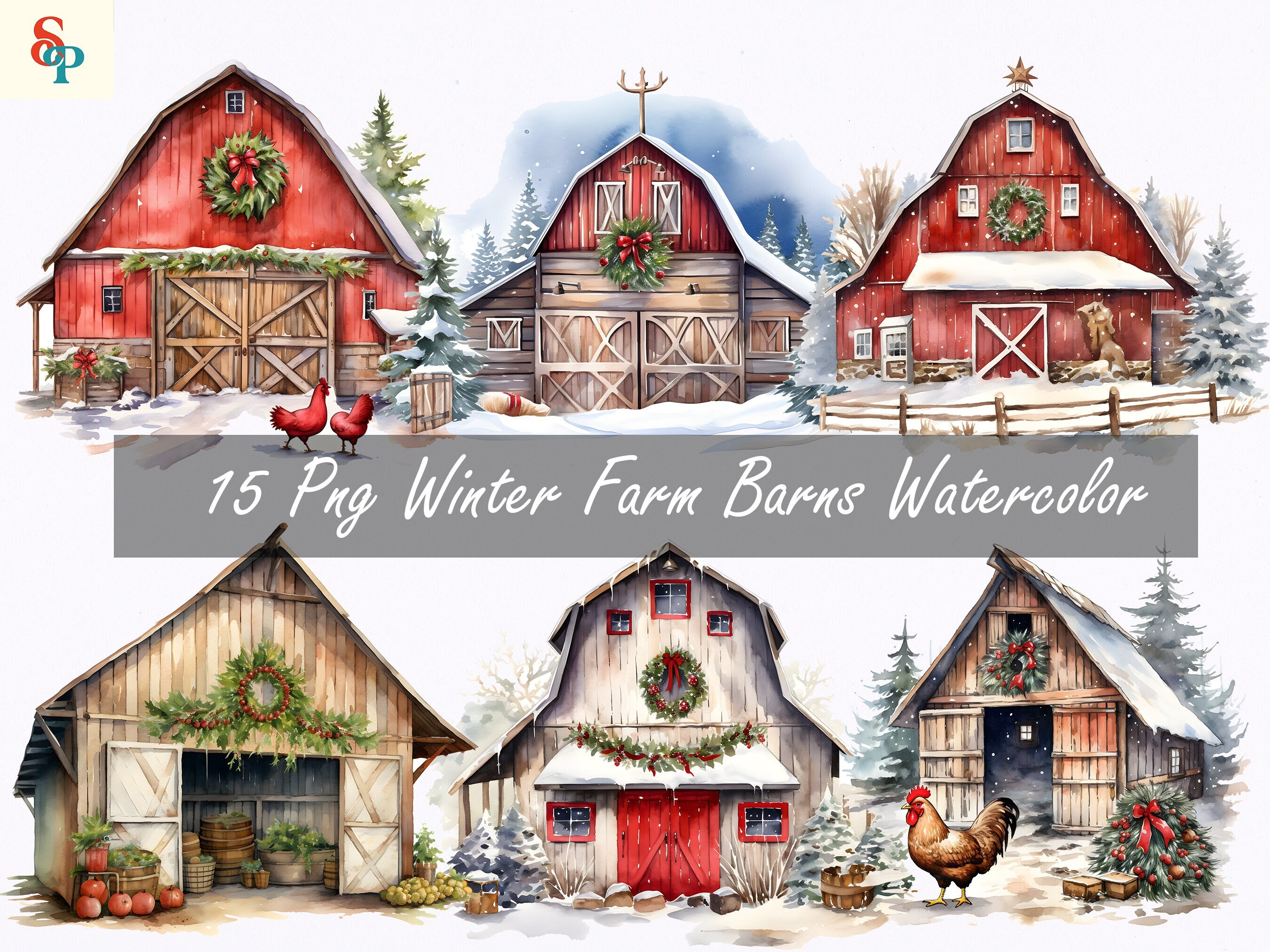 Winter Farm Barns Watercolor Clipart, Transparent PNG, Fantacy Clipart ...