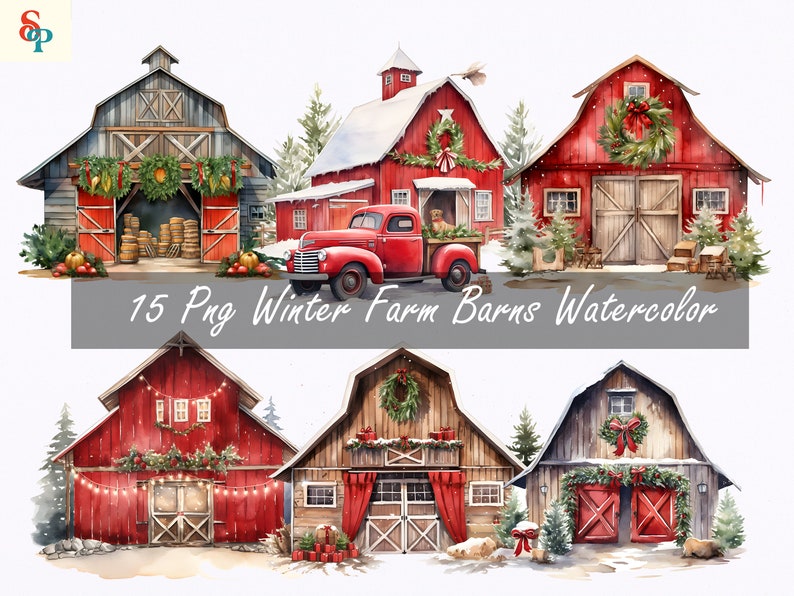 Winter Farm Barns Watercolor Clipart, Transparent PNG, Fantacy Clipart ...