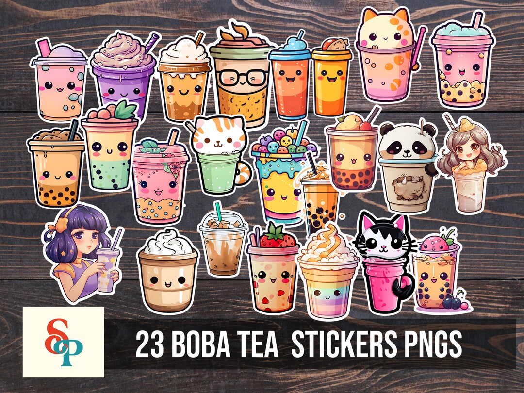 Boba Tea Sticker Clipart Set, Sticker Set, Boba Tea PNG, Kawaii Tea Png ...