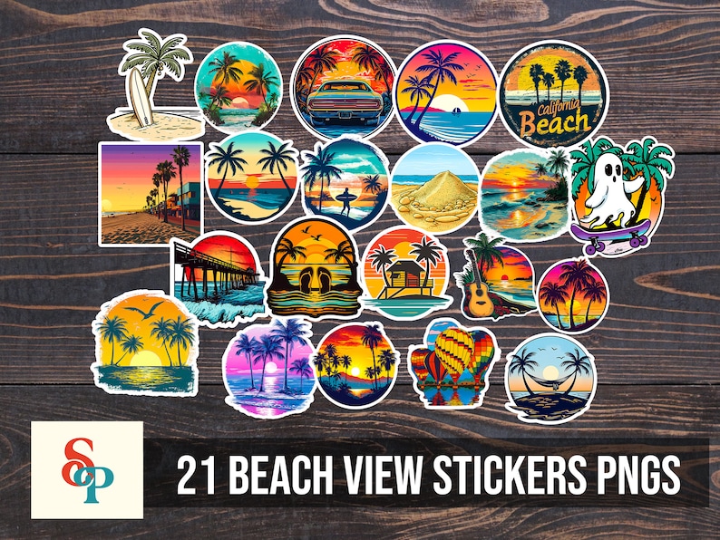 Beach View Stickers, Beach Print and Cut Digital PNG Sticker, 30 Beach ...