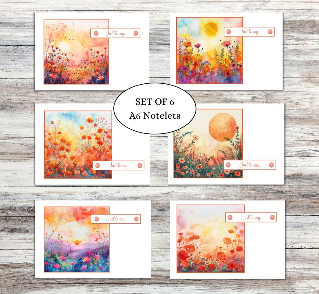 A6 Blank Notelets Pack Watercolour Floral Sunrise Design Multipack of 6 ...