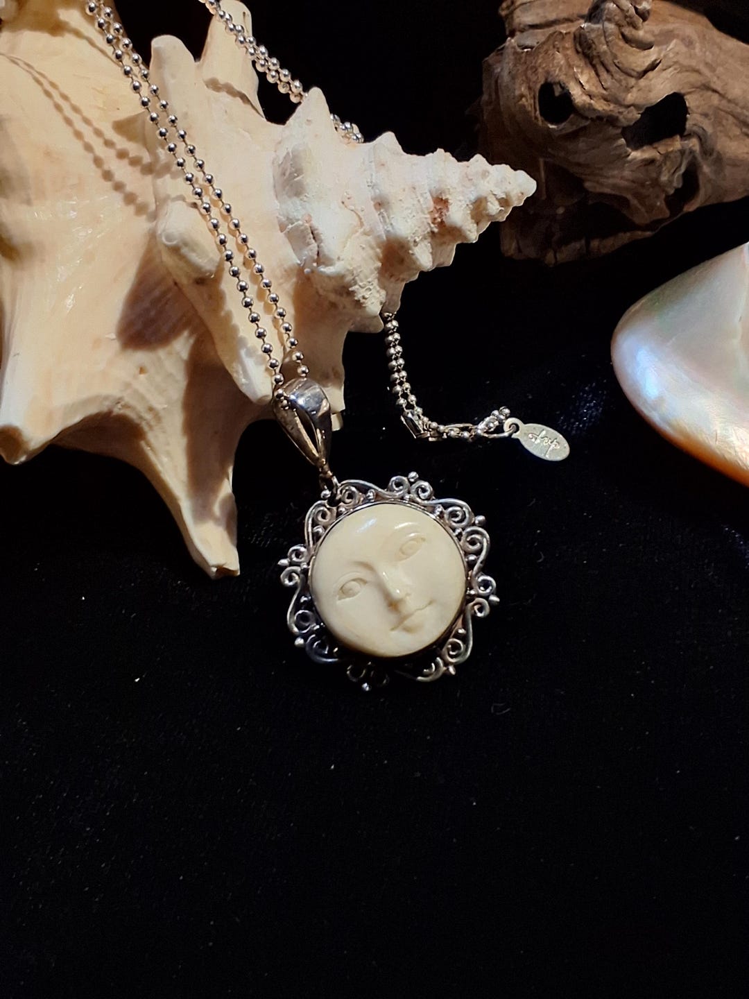 Sajen Carved Man in the Moon Face Pendant in Sterling on an 18 ...