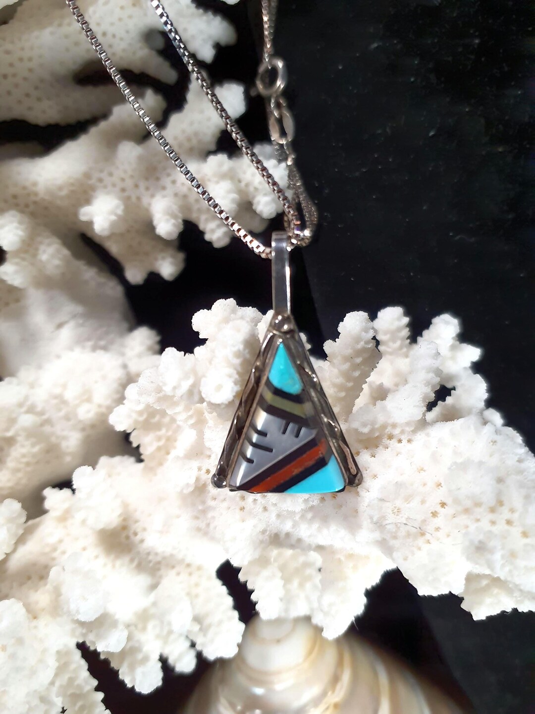 Signed Zuni Inlay Necklace Sterling With Turquoise, MOP and Coral. - Etsy