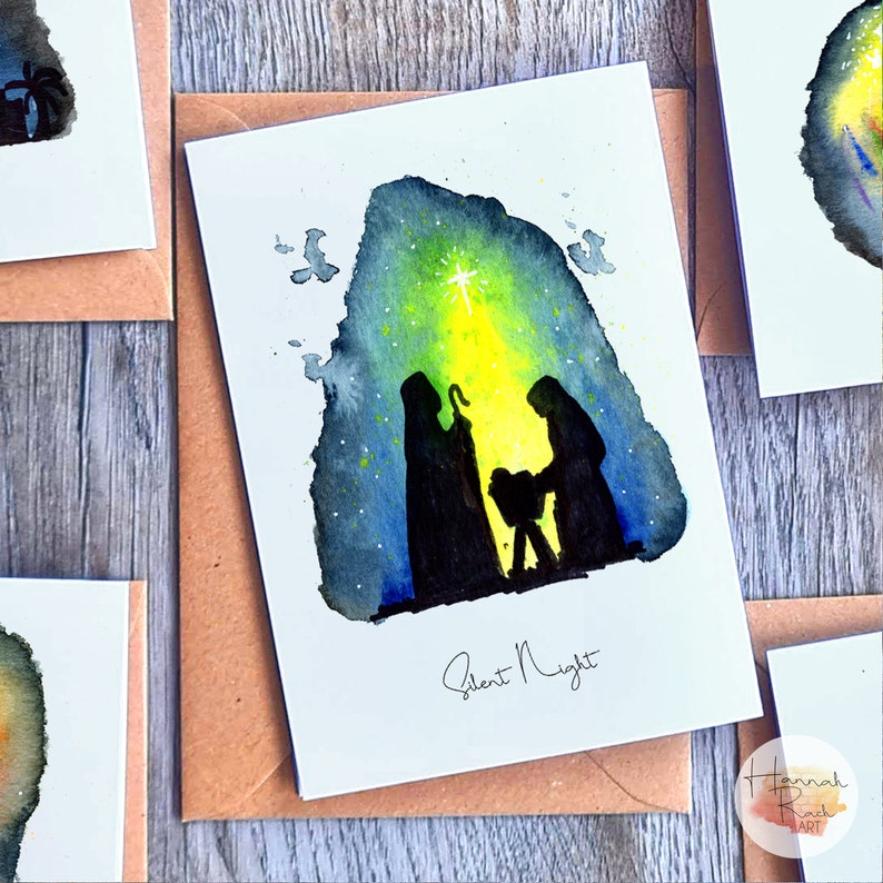 Christian Watercolour Christmas Cards Religious Nativity Silhouette ...