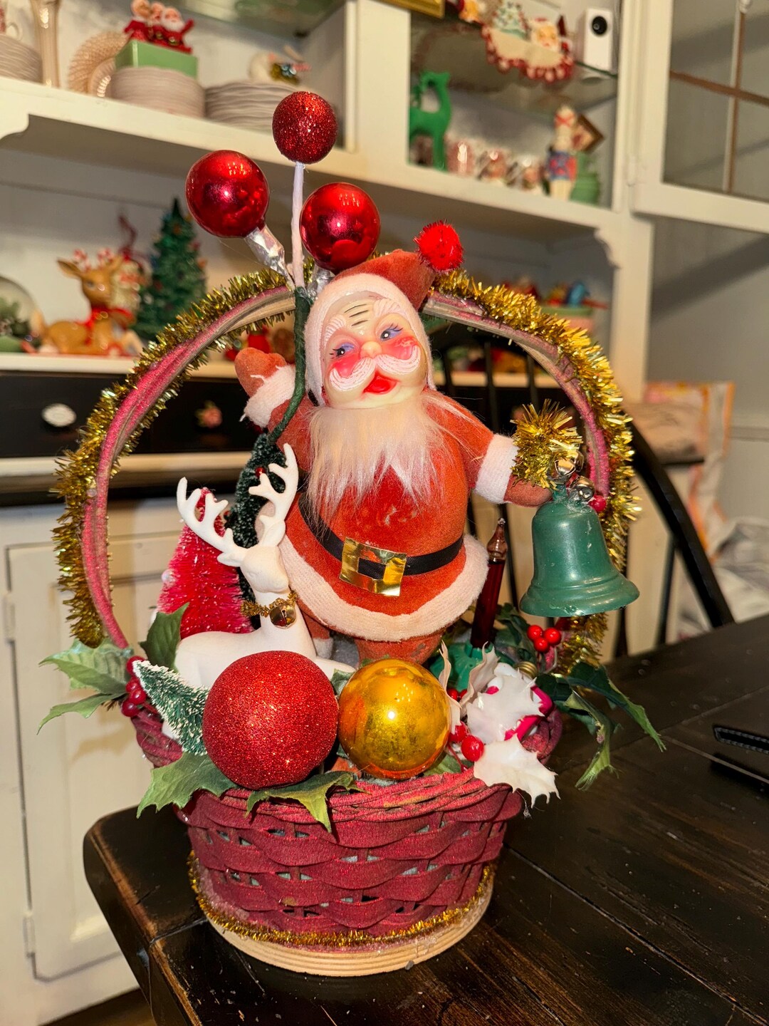 Vintage Flocked Santa in Basket - Etsy