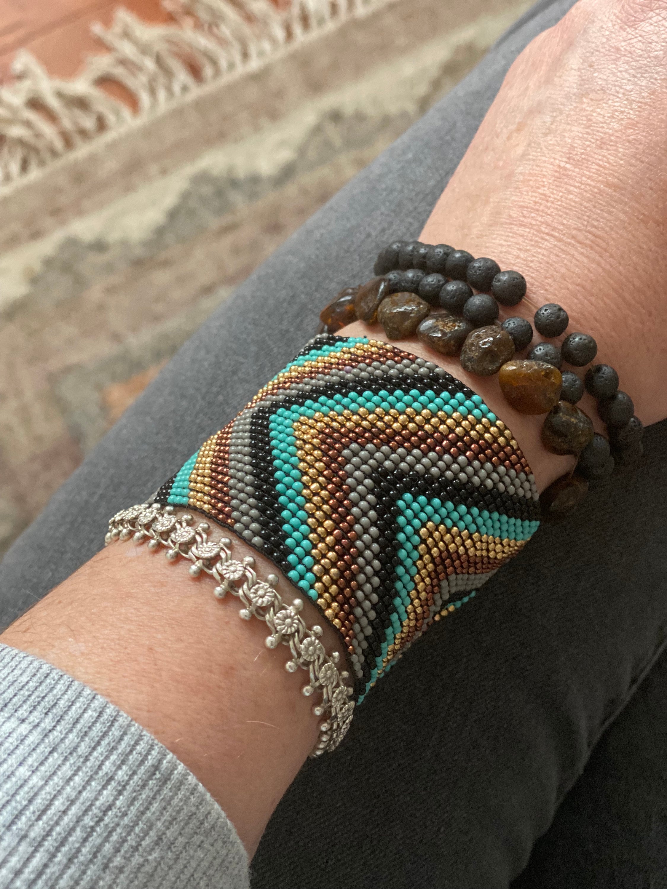 Handmade Chevron Beaded Cuff Bracelet: Boho Glass Bead Stretch Bracelet ...