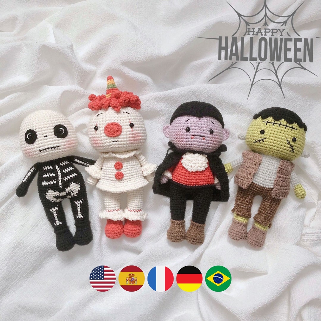 Halloween Crochet Amigurumi Doll Pattern: Frankenstein, Dracula, Clown ...