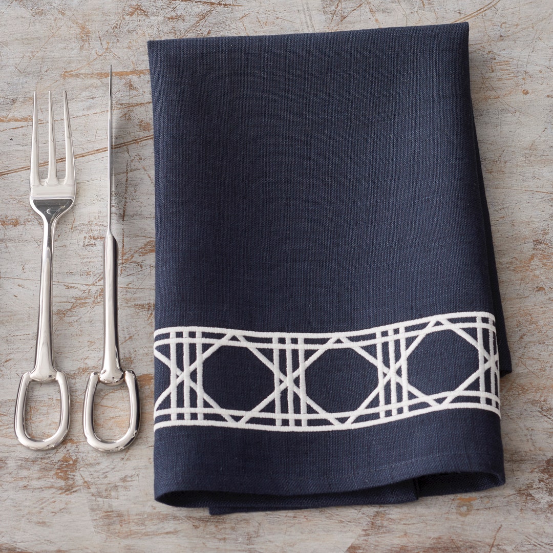 Set of 4 Navy Belgium Linen With Caning Embroidery Napkins - Etsy