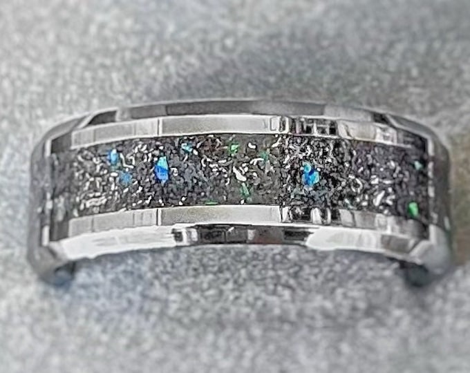 Blue Opal and Meteorite Glow Ring, Tungsten Band, Genuine Muonionalusta ...