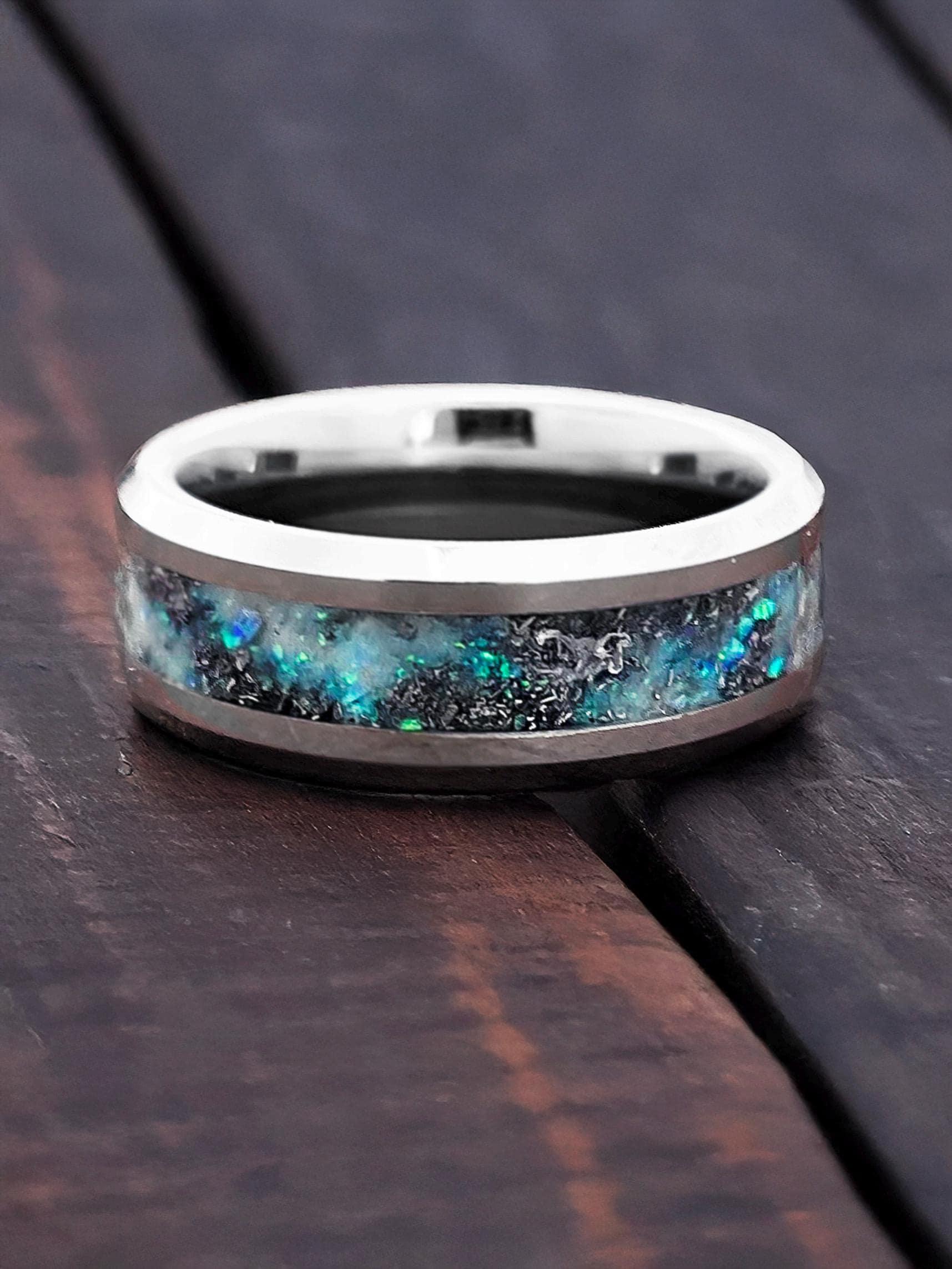 Blue Opal and Meteorite Tungsten Ring, Men's Handcrafted Meteorite ...