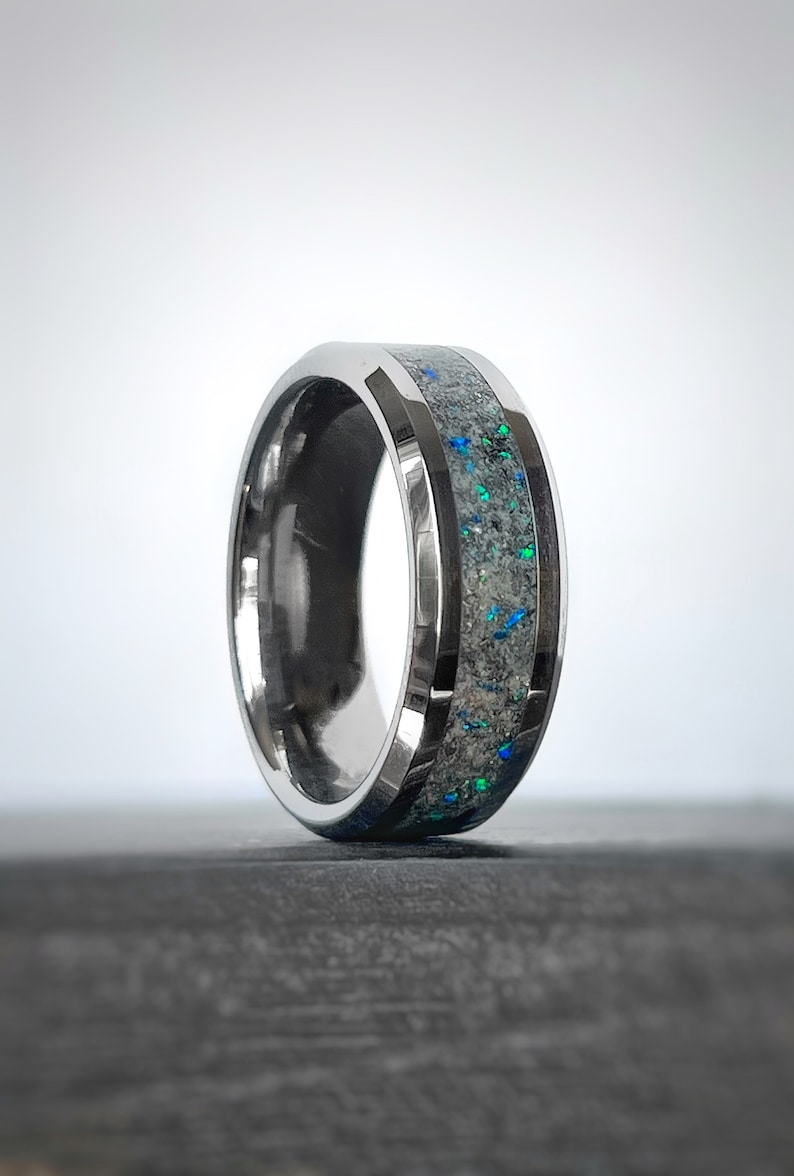 Blue Opal and Meteorite Glow Ring Tungsten Band Genuine - Etsy