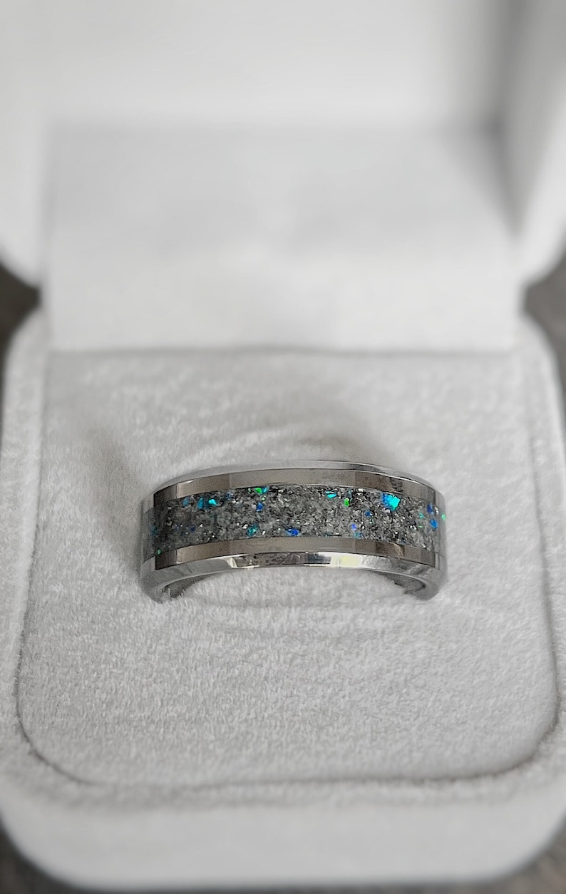 Blue Opal and Meteorite Glow Ring Tungsten Band Genuine - Etsy