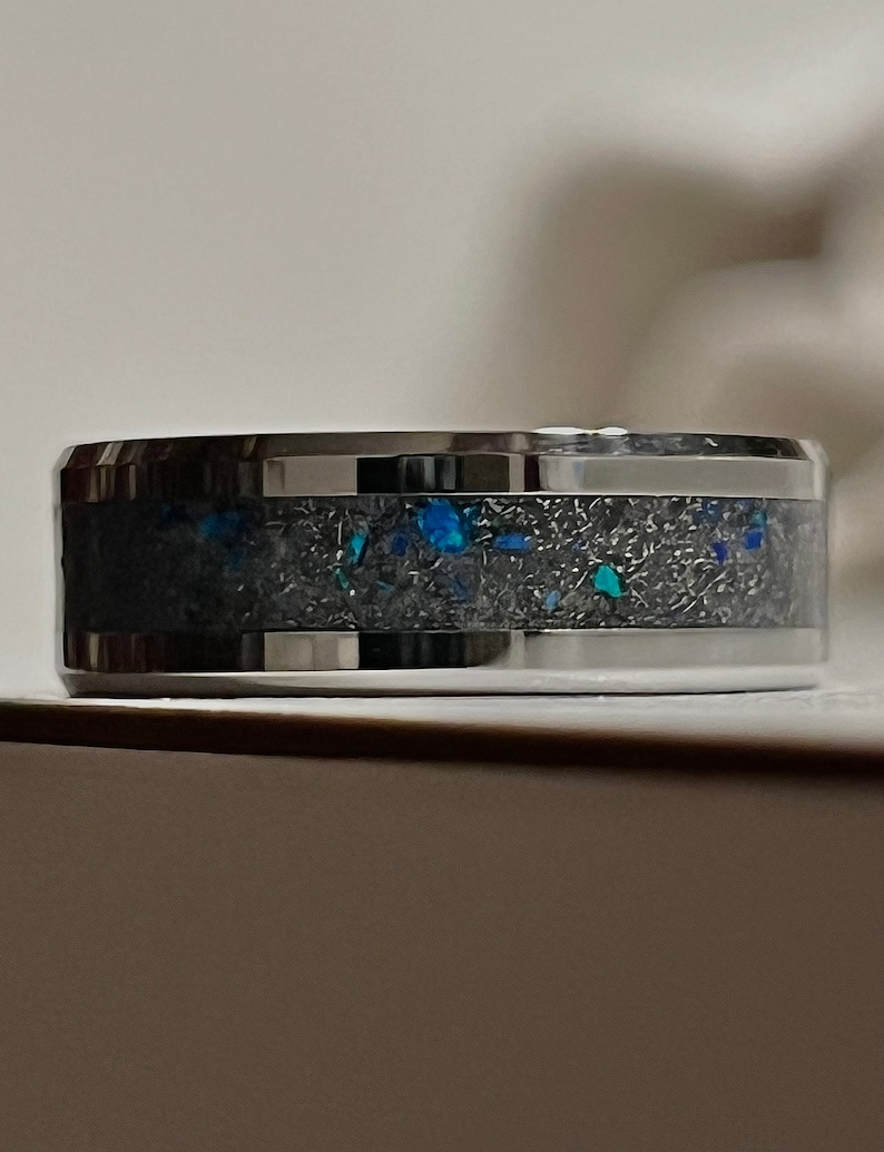 Blue Opal and Meteorite Glow Ring Tungsten Band Genuine - Etsy
