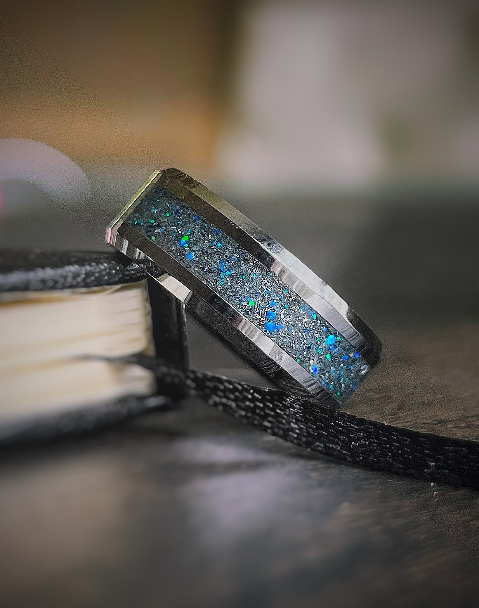 Blue Opal and Meteorite Glow Ring Tungsten Band Genuine - Etsy