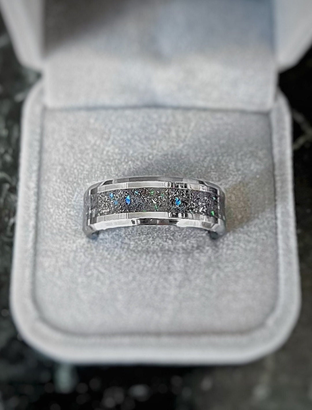 Blue Opal and Meteorite Glow Ring, Tungsten Band, Genuine Muonionalusta ...