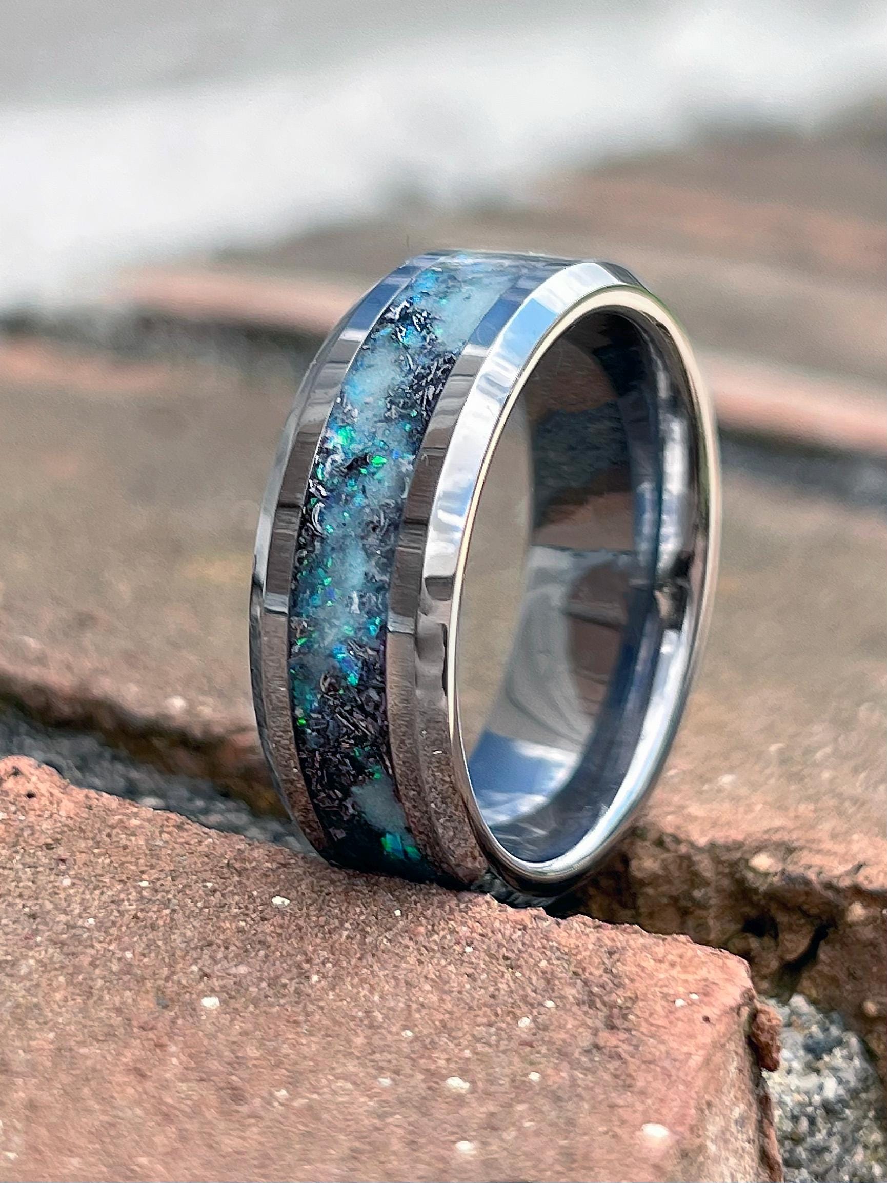 Blue Opal and Meteorite Tungsten Ring, Men's Handcrafted Meteorite ...