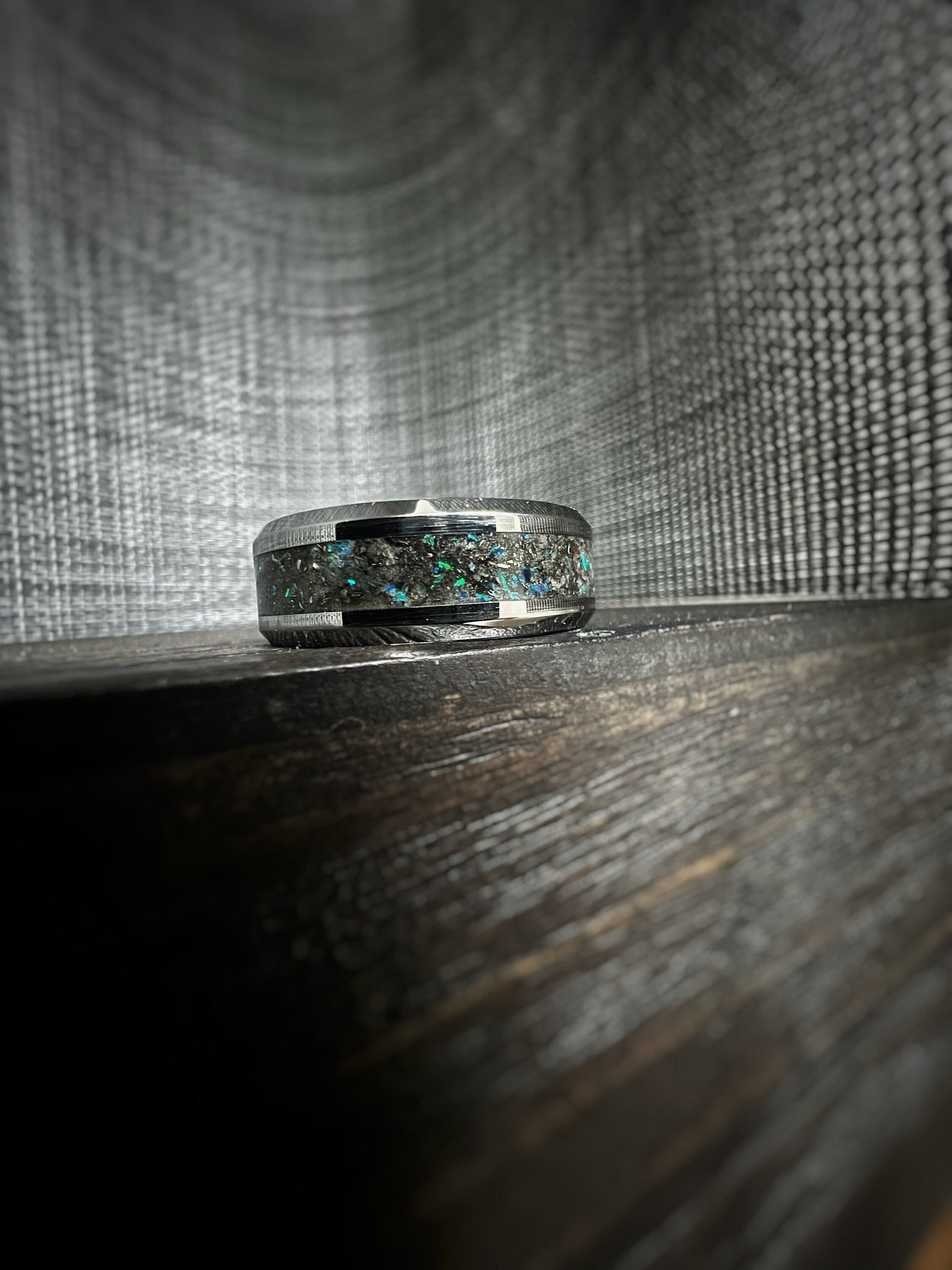 Blue Opal and Meteorite Glow Ring Tungsten Band Genuine - Etsy