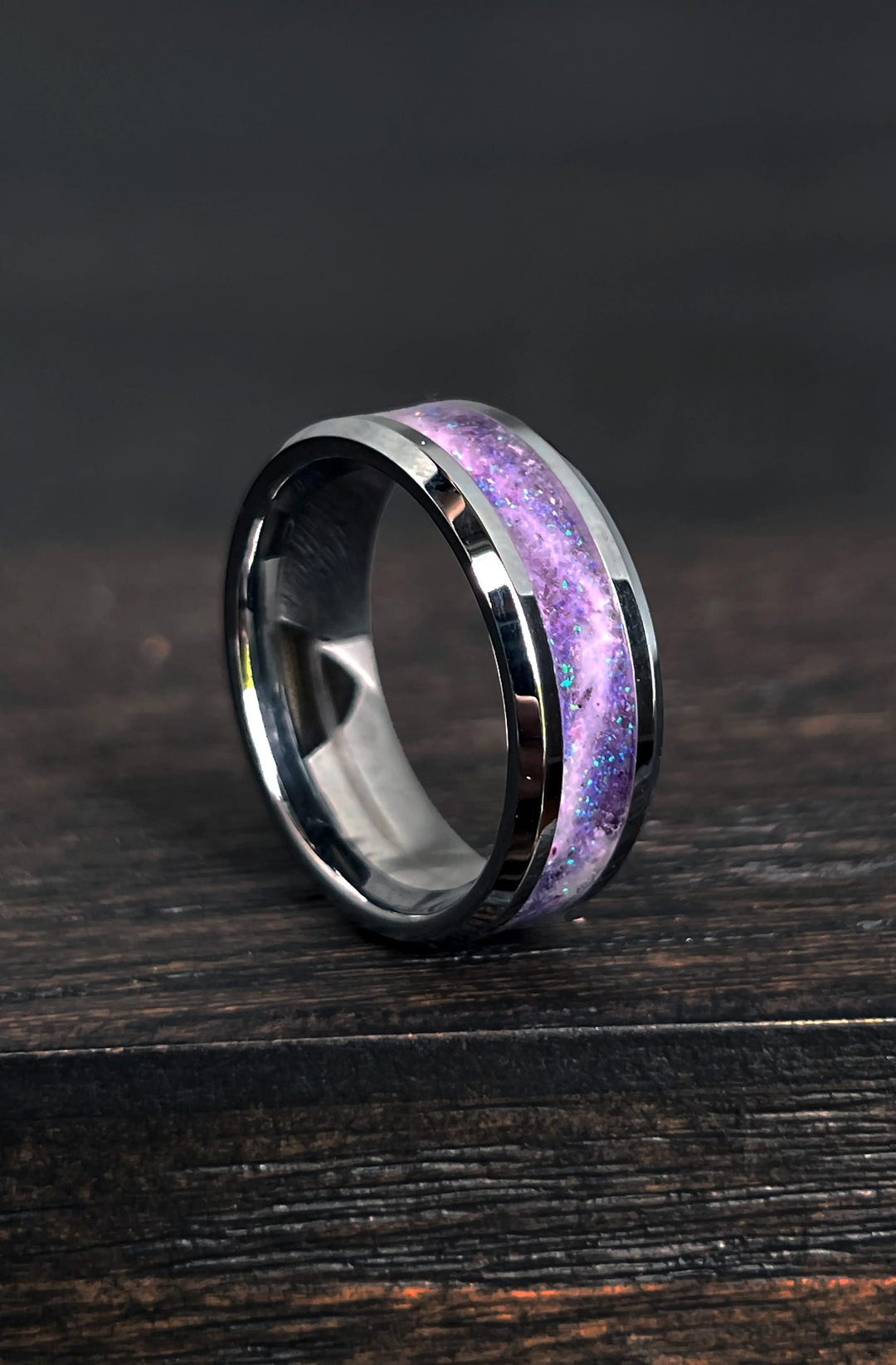 Purple Opal and Amethyst Glow Ring, Handcrafted Unisex Tungsten Wedding ...