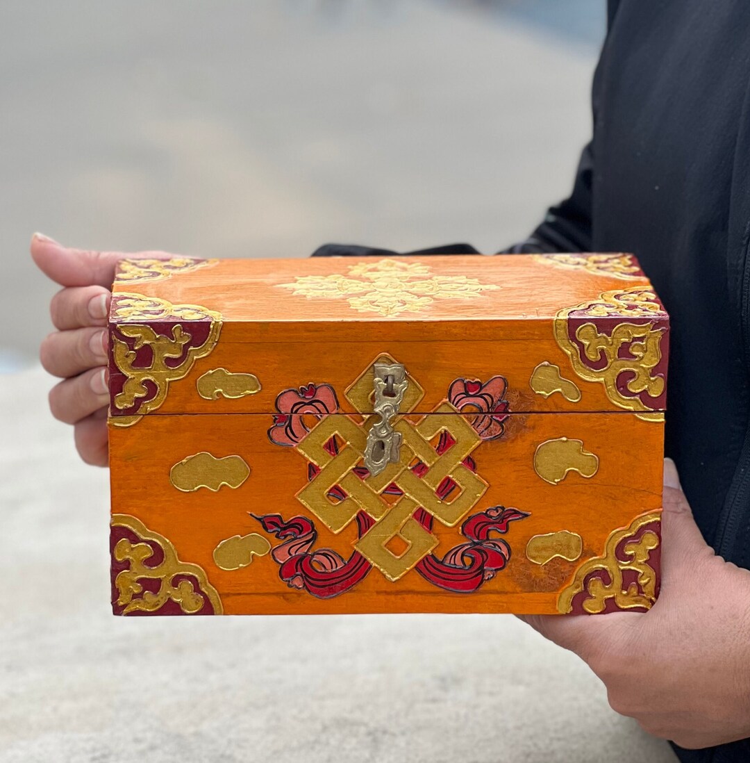 Large Hand Carved Painted Pata endless Knot Tibetan Chest Wooden Box ...