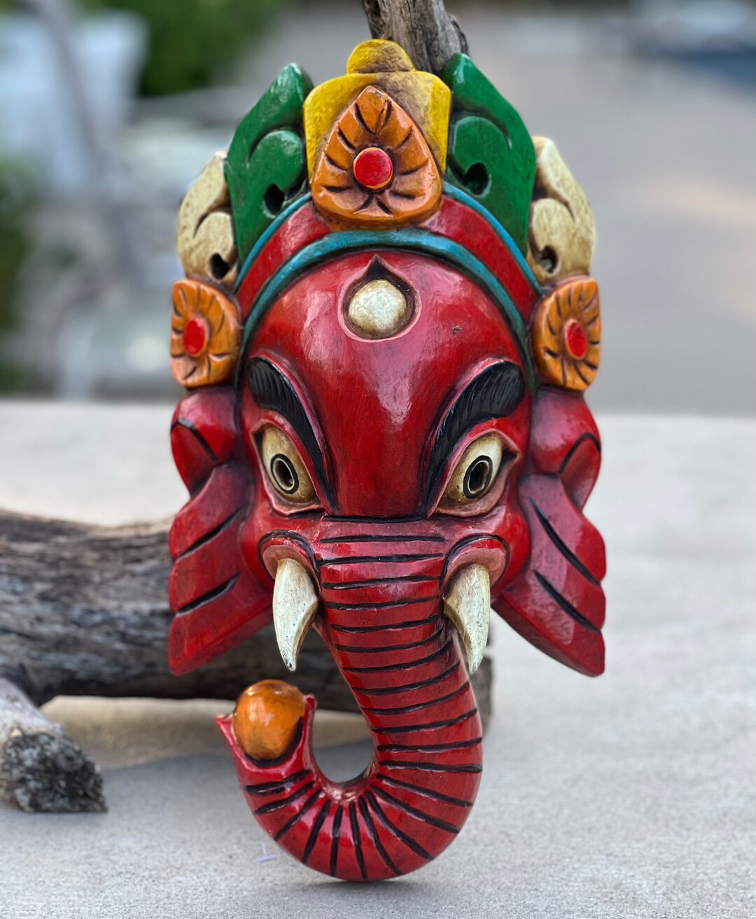 Large Hand Carved Wooden GANESH Hindu Elephant Deity MASK Handmade in ...