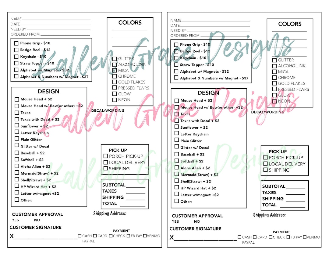 Editable PDF Epoxy Accessories Order Form - Etsy
