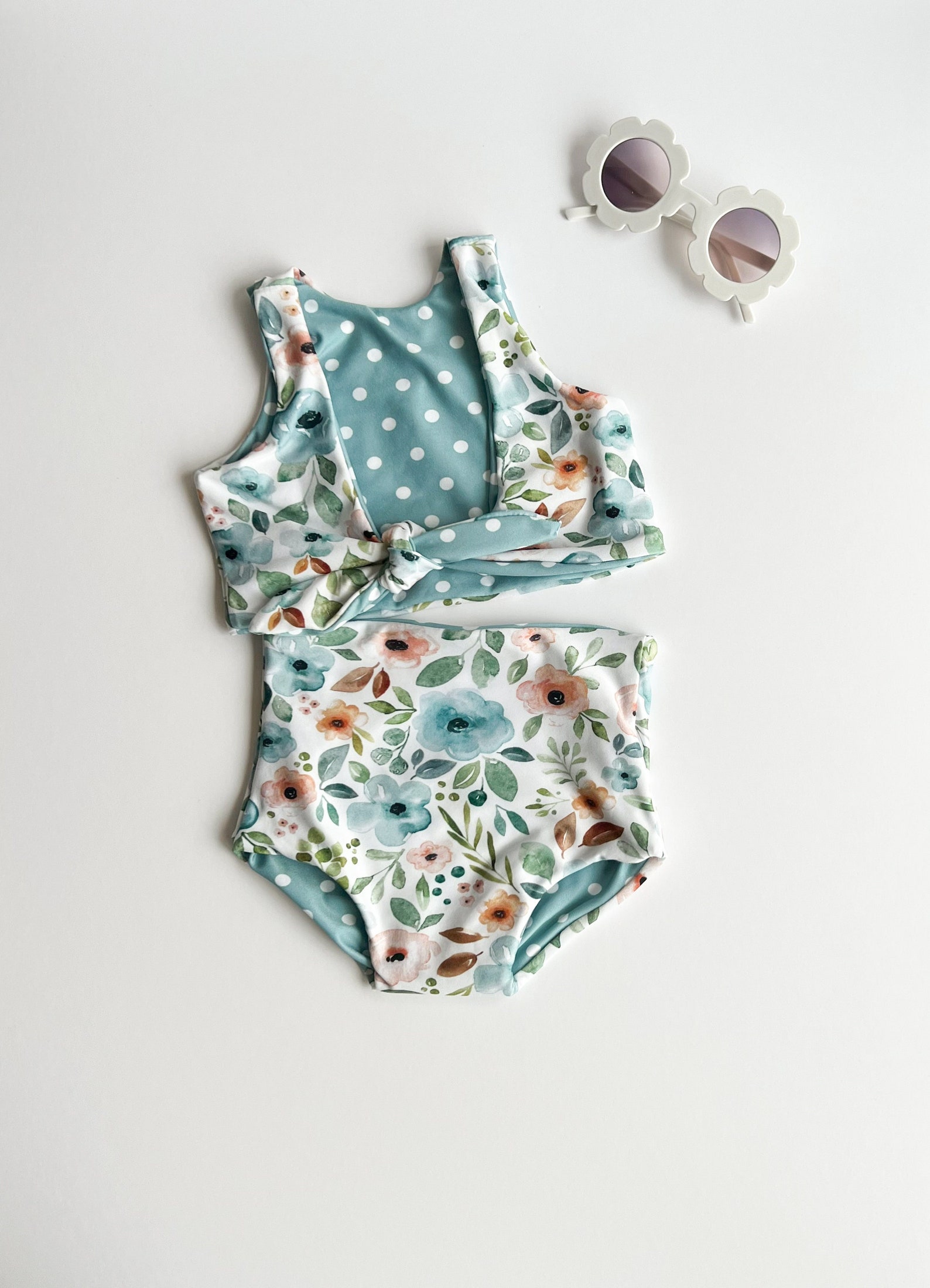 Girls Blue Floral Dot Swimsuit Girls 2 Piece Swim Reversible - Etsy