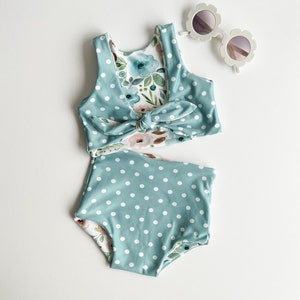 Girls Blue Floral Dot Swimsuit, Girls 2 Piece Swim, Reversible Swimsuit ...