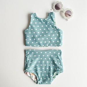 Girls Blue Floral Dot Swimsuit, Girls 2 Piece Swim, Reversible Swimsuit ...