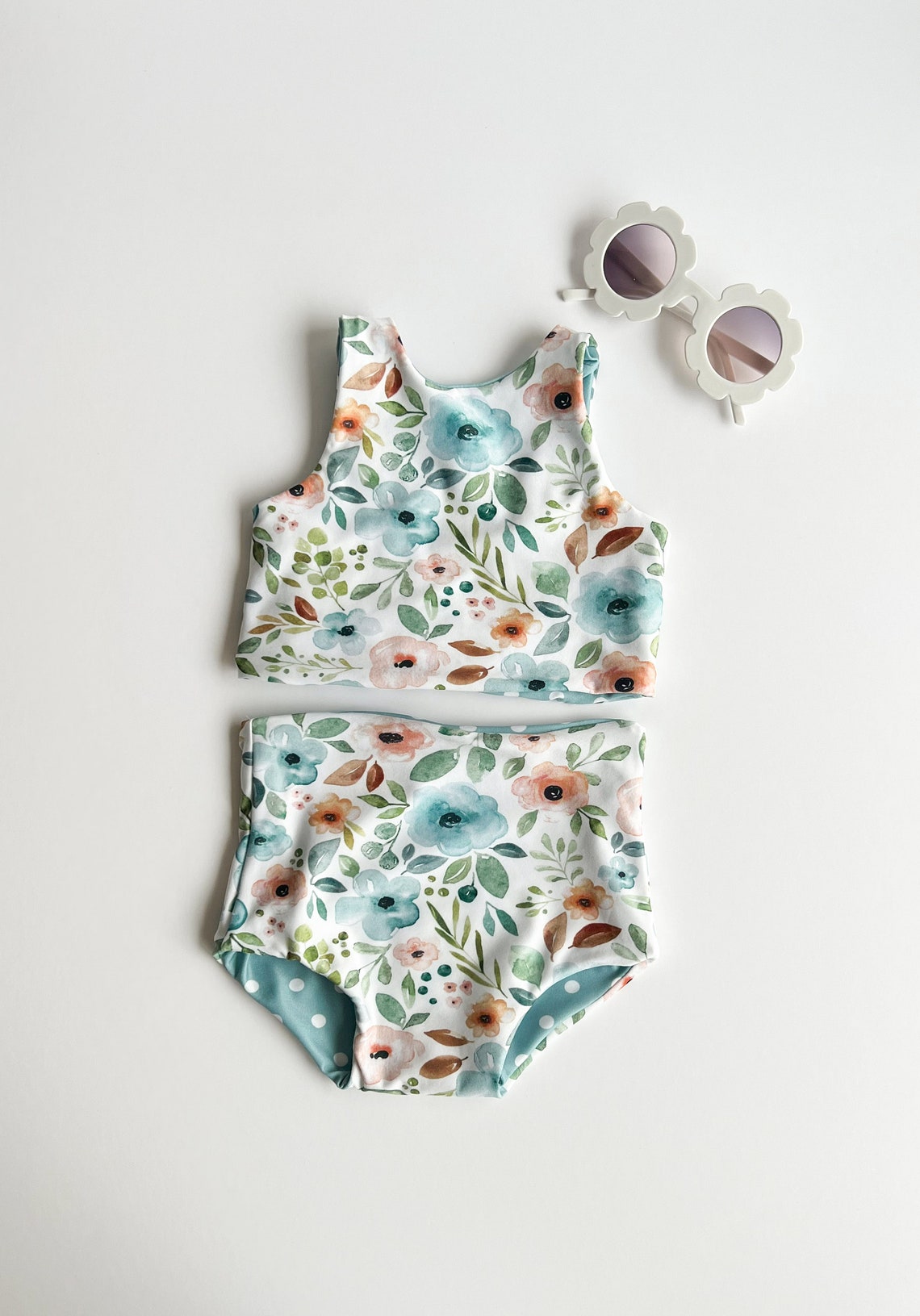 Girls Blue Floral Dot Swimsuit Girls 2 Piece Swim Reversible - Etsy