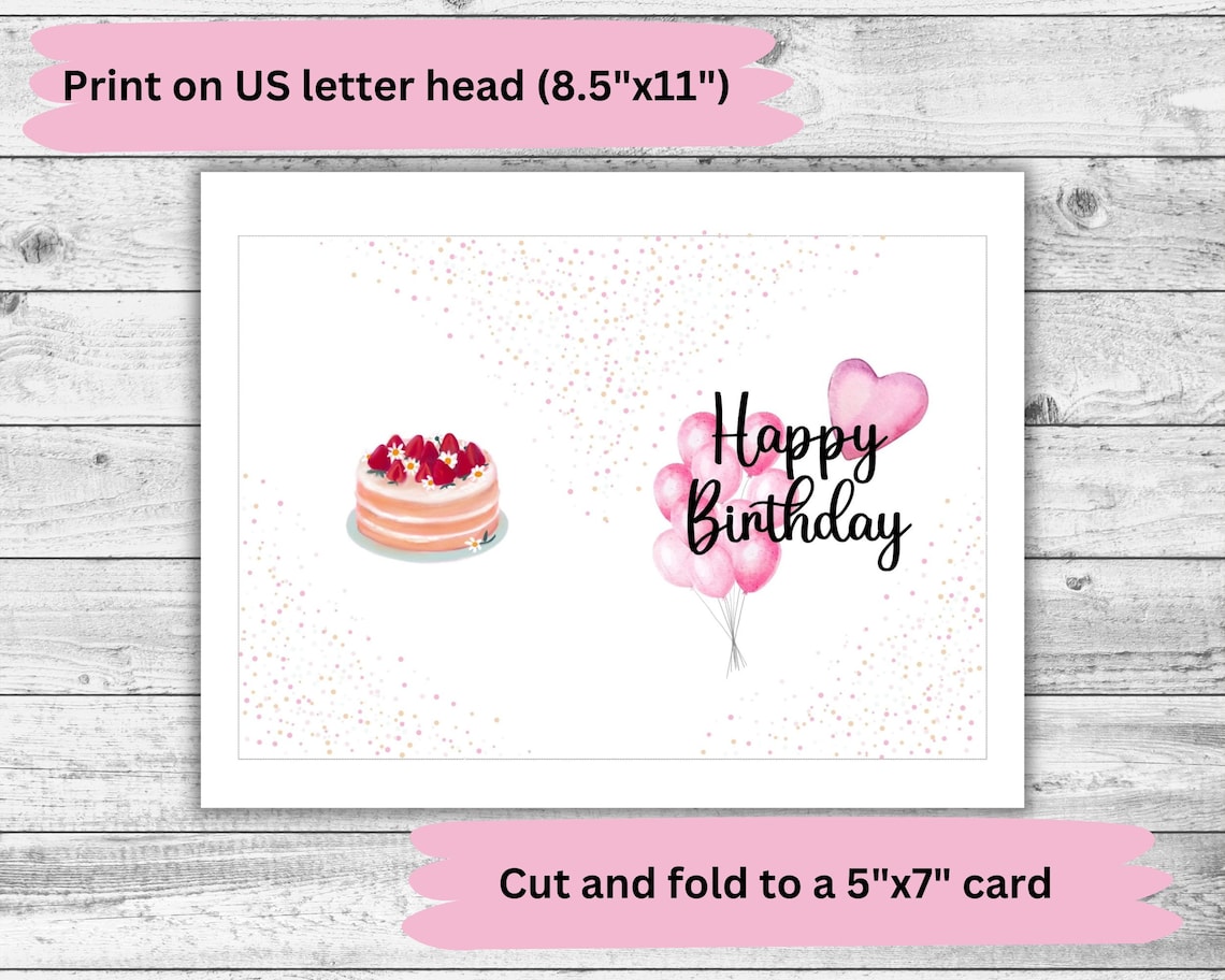 Printable Pink Birthday Card, Digital Download, Instant Download, Happy ...