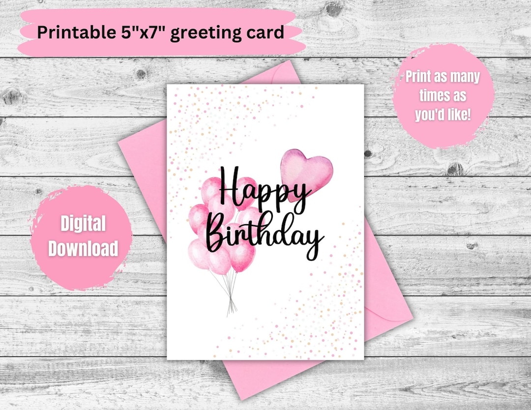 Printable Pink Birthday Card, Digital Download, Instant Download, Happy ...