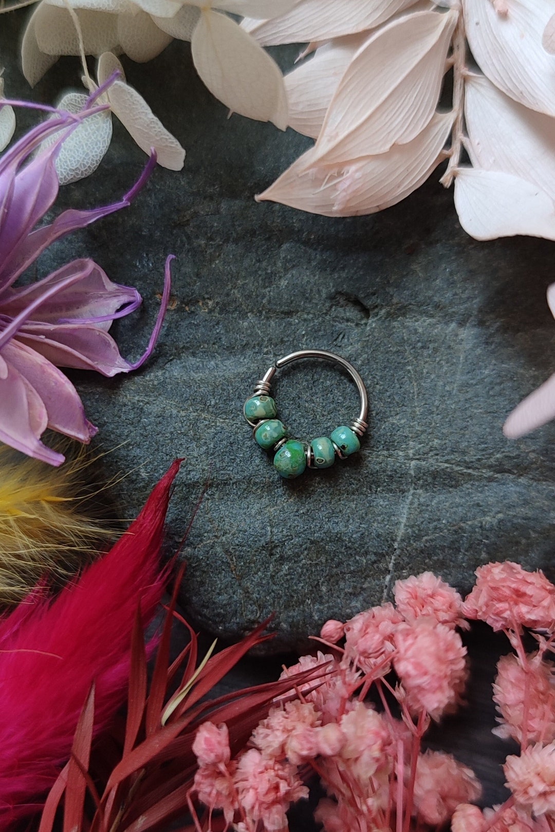 Turquoise Teardrop Cartilage Ring, Nose Piercing With Glass Beads ...