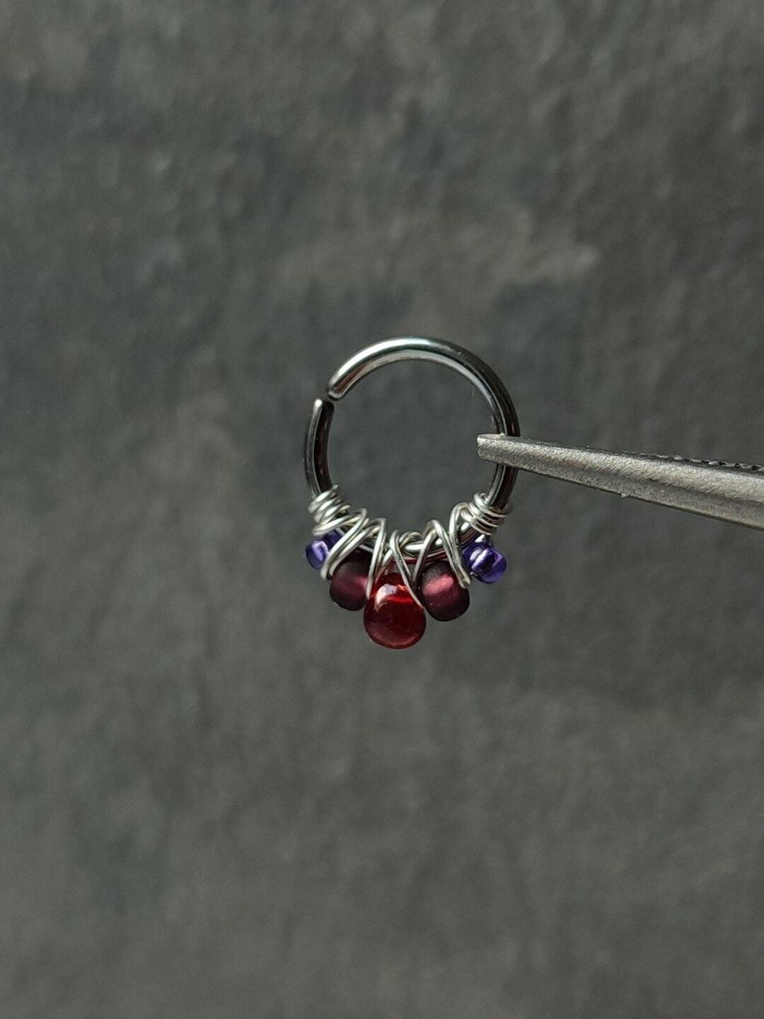 Red and Purple Septum Ring, Glass Teardrop Beads on Surgical Steel ...