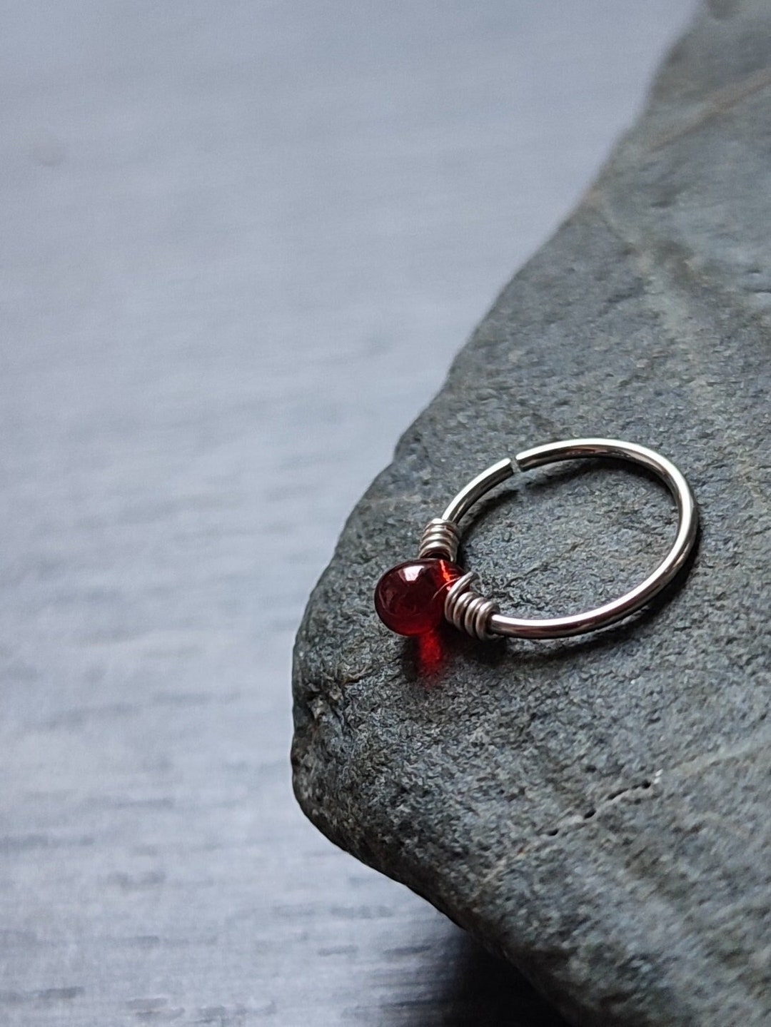 Blood Red Helix Ring, Minimalist Handmade Piercing Hoop With Glass Bead ...