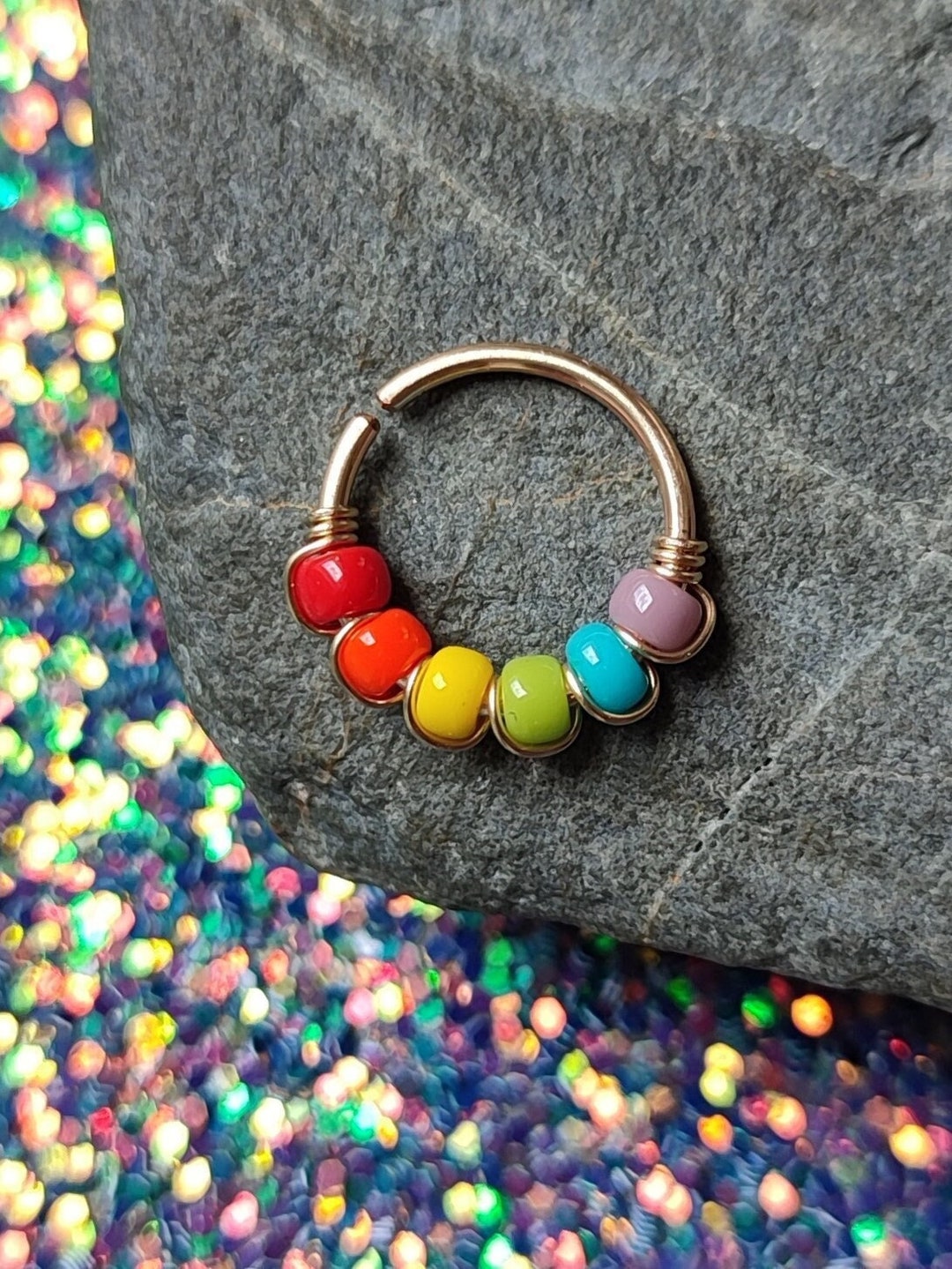 Rainbow Nose Ring in 14k Gold Filled, Wire Wrapped Conch, Daith or ...