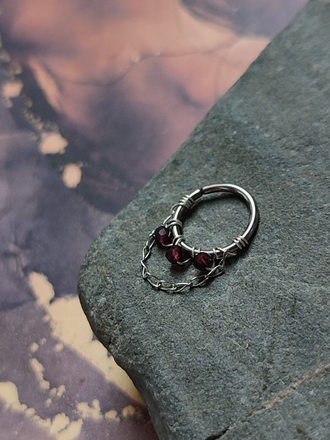 Garnet Chain Septum Ring in 316 Surgical Steel, Handmade Gothic Witchy ...