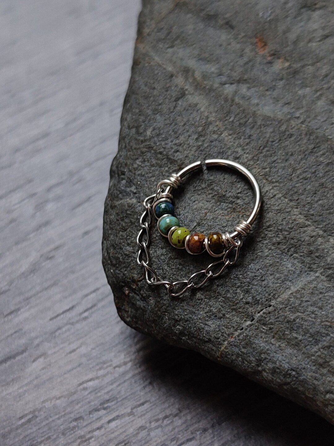 Boho Mini Beaded Piercing Ring With Chain, 316 Surgical Steel Wire ...