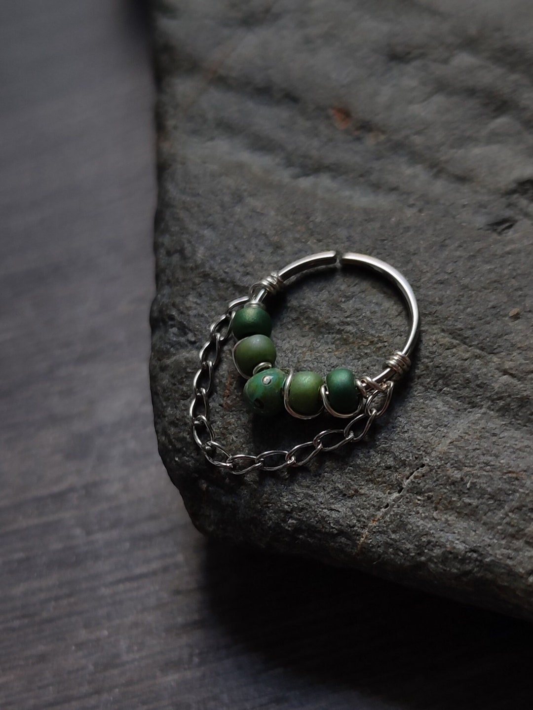 Green Beads Chain Hoop, Handmade Piercing Ring for Helix or Septum ...