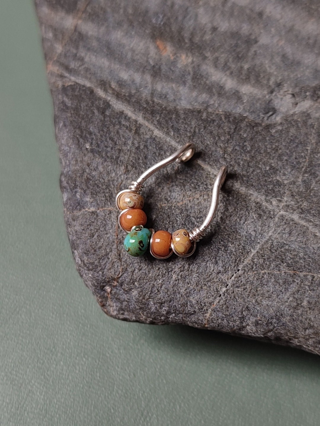 Boho Turquoise Fake Septum Ring With Glass Beads, Faux Piercing Hoop ...